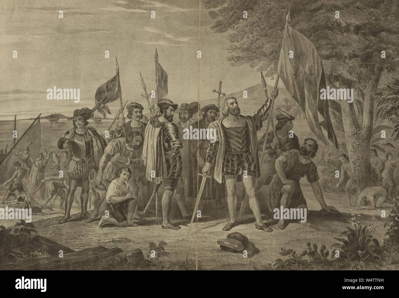 Illustration of the landing of Christopher Columbus in the Americas ...