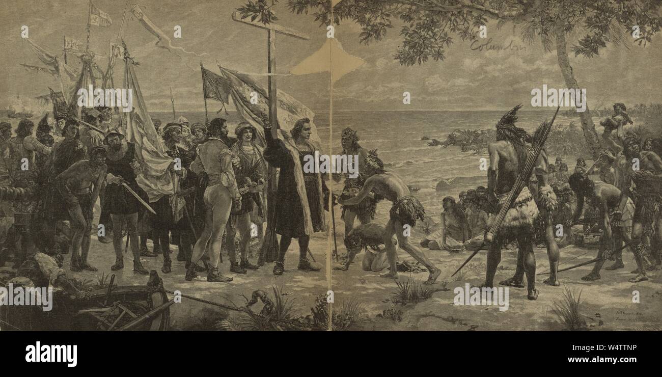 Illustration depicting Christopher Columbus meeting indigenous peoples ...