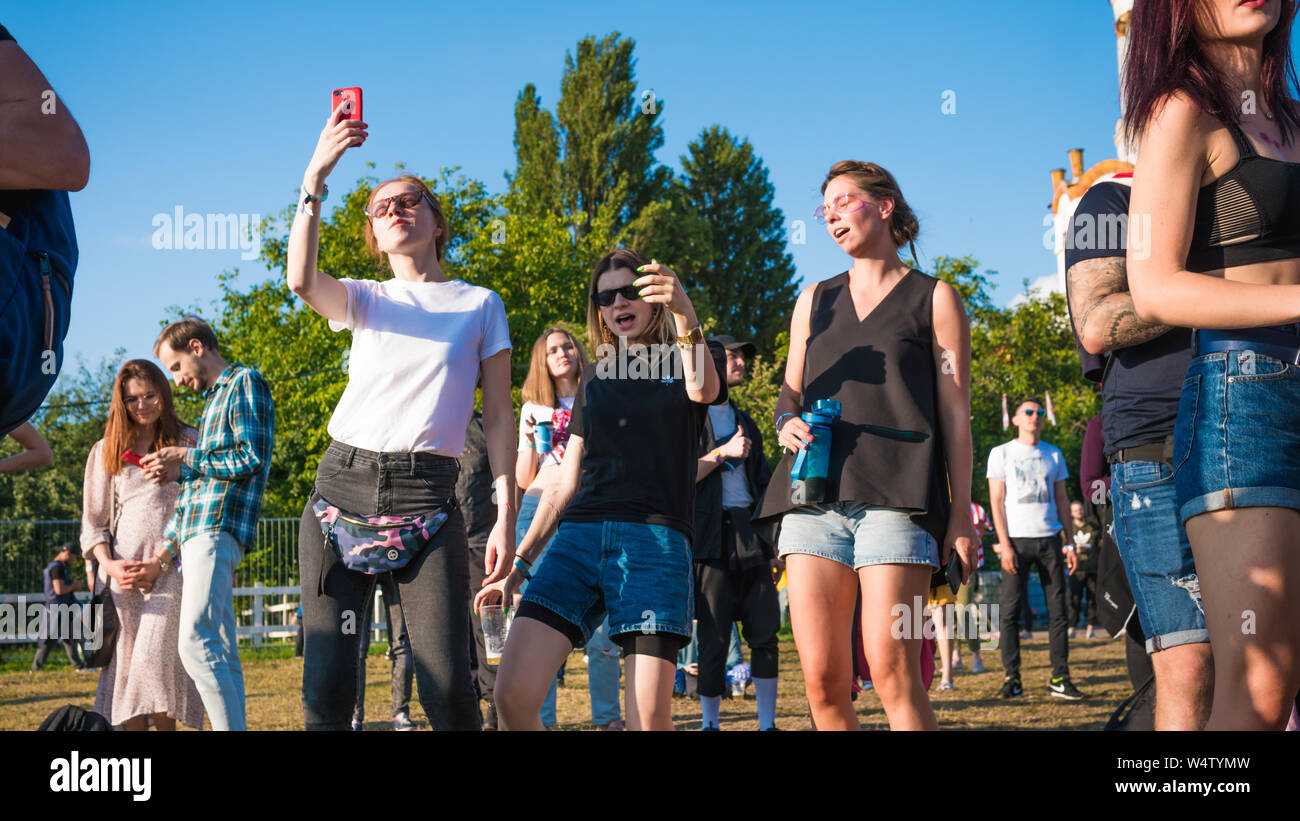 Kyiv, Ukraine - 07.13.2019: Atlas Weekend music festival outdoors, fifth day. Millennials are ...