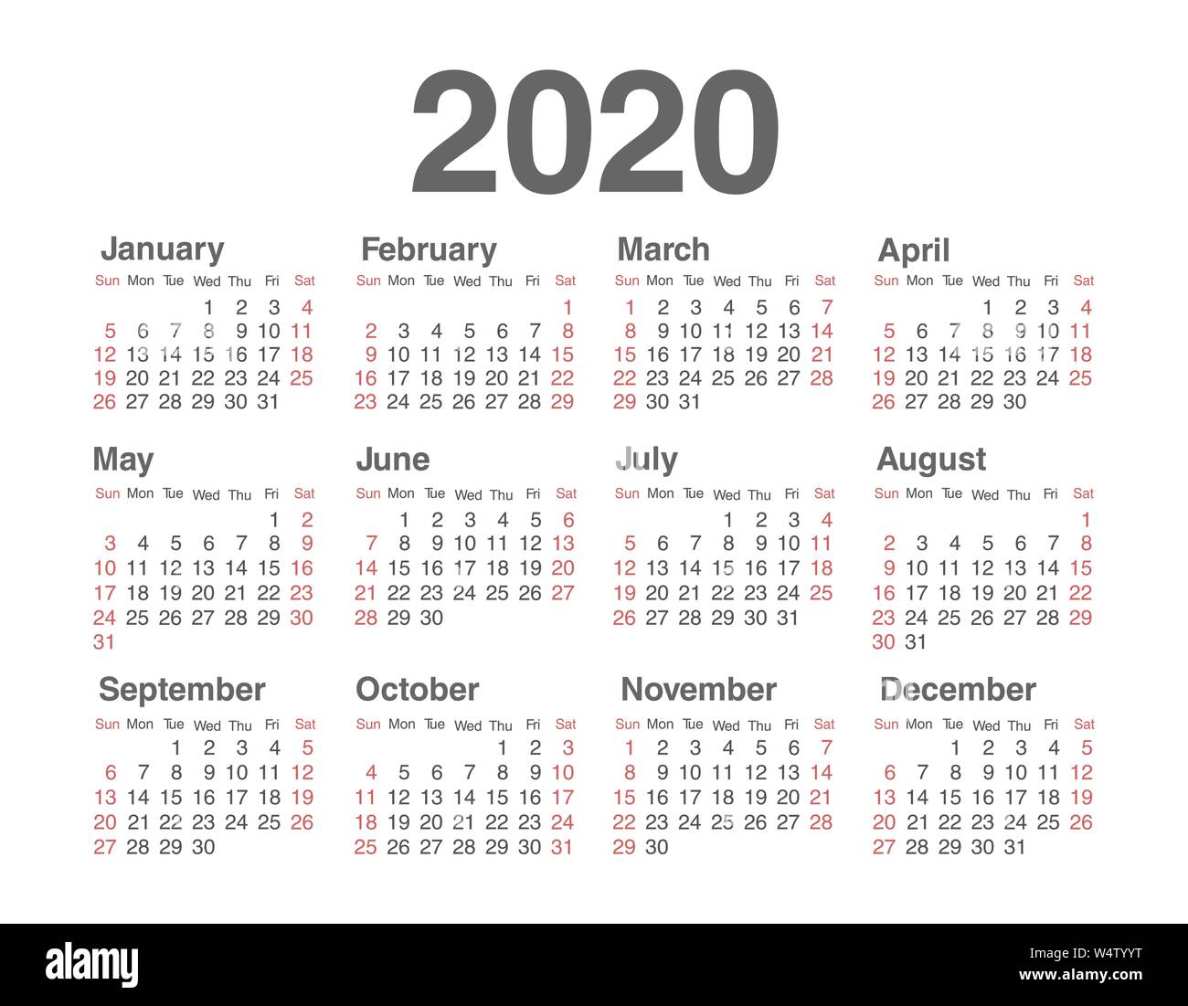 Calendar 2020 year. Black and white vector template. Week starts on ...
