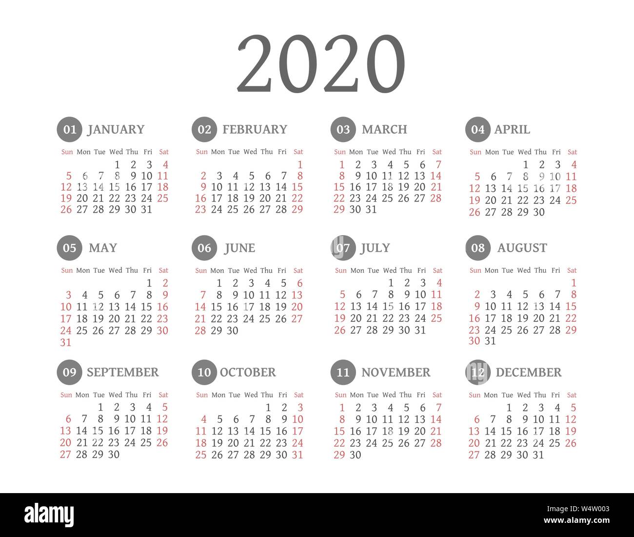 Calendar 2020 year. Black and white vector template. Week starts on ...
