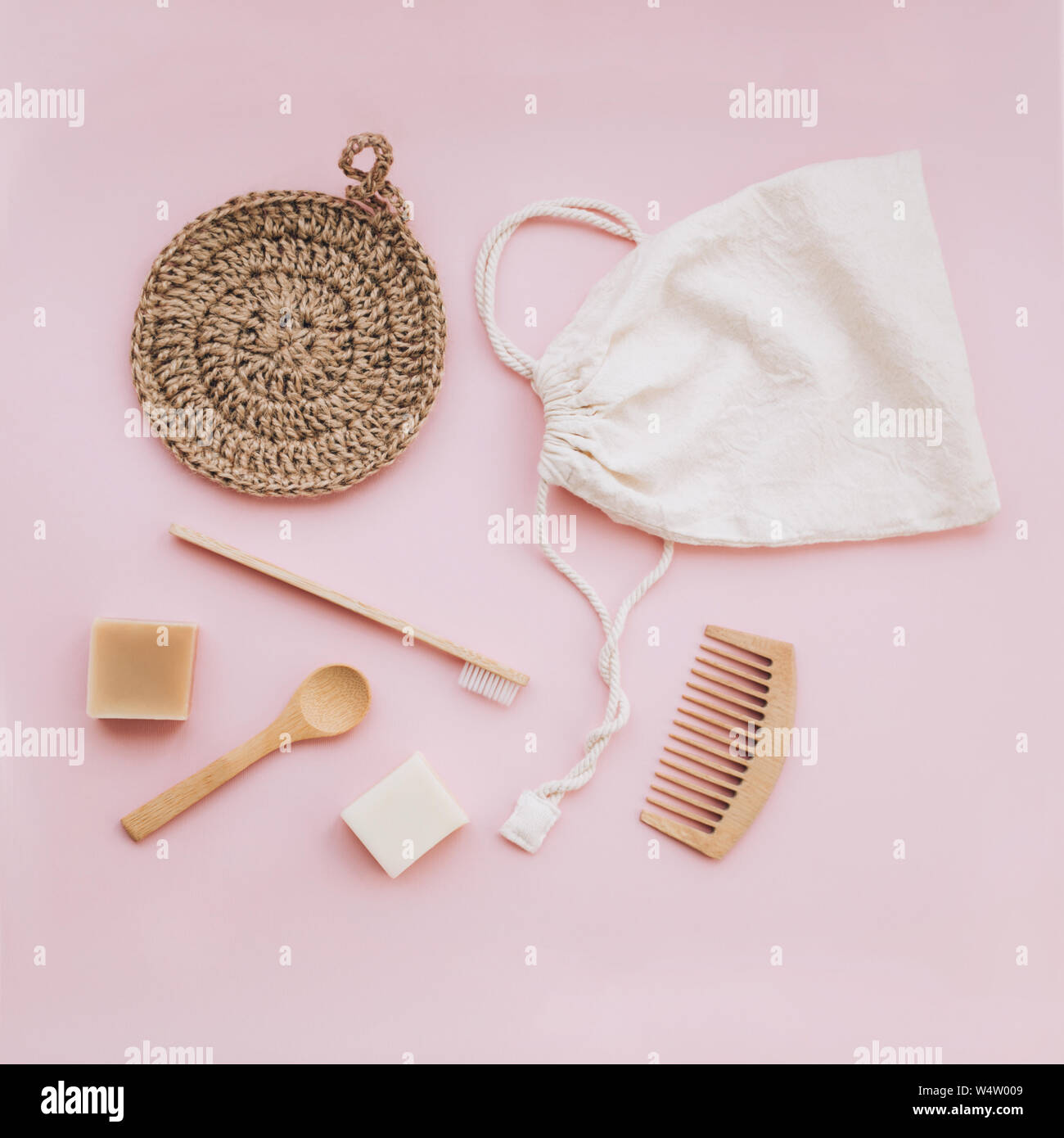 Zero waste set for bathing on light pink background Stock Photo - Alamy