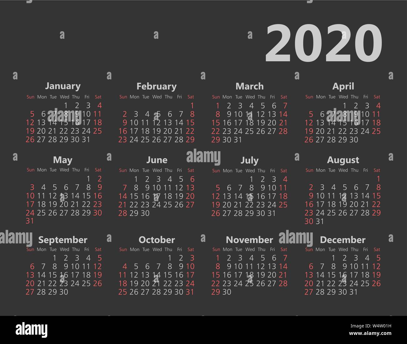 Calendar 2020 year. Black and white vector template. Week starts on ...