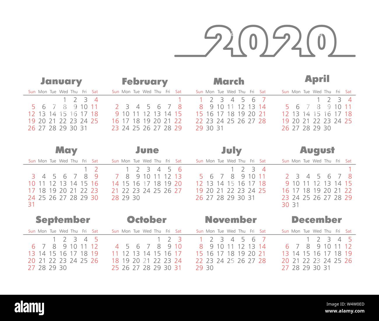 Calendar 2020 year. Black and white vector template. Week starts on ...