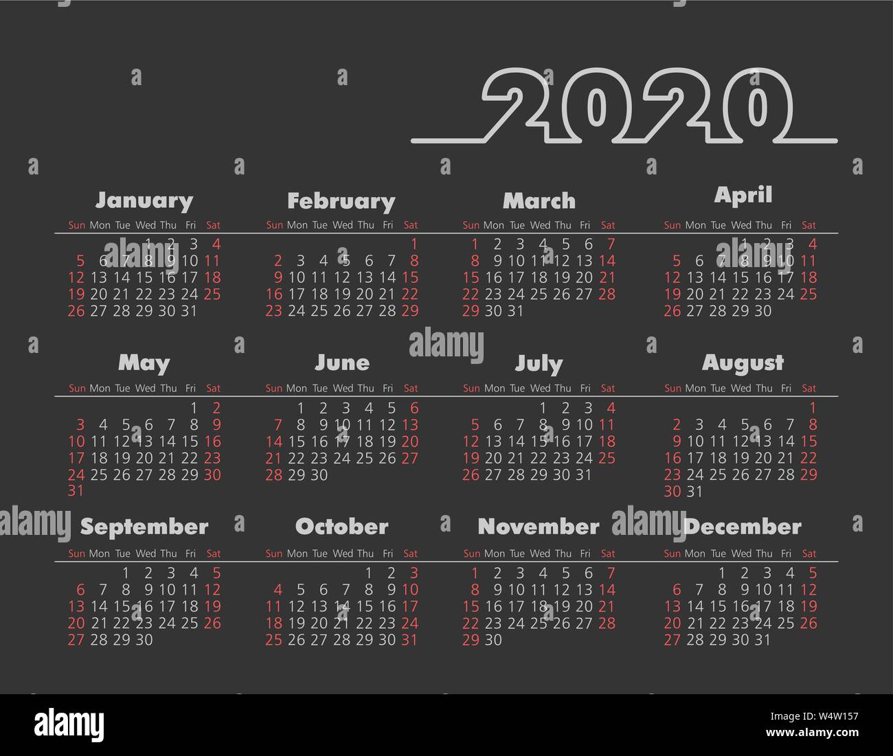 Calendar 2020 year. Black and white vector template. Week starts on ...