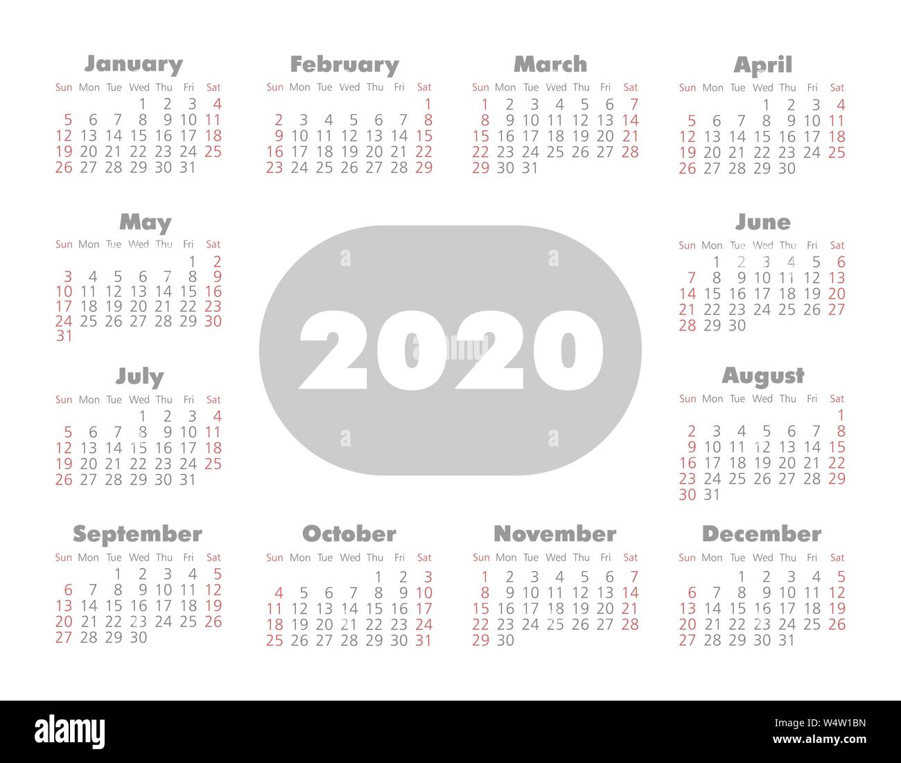 Calendar 2020 year. Black and white vector template. Week starts on ...