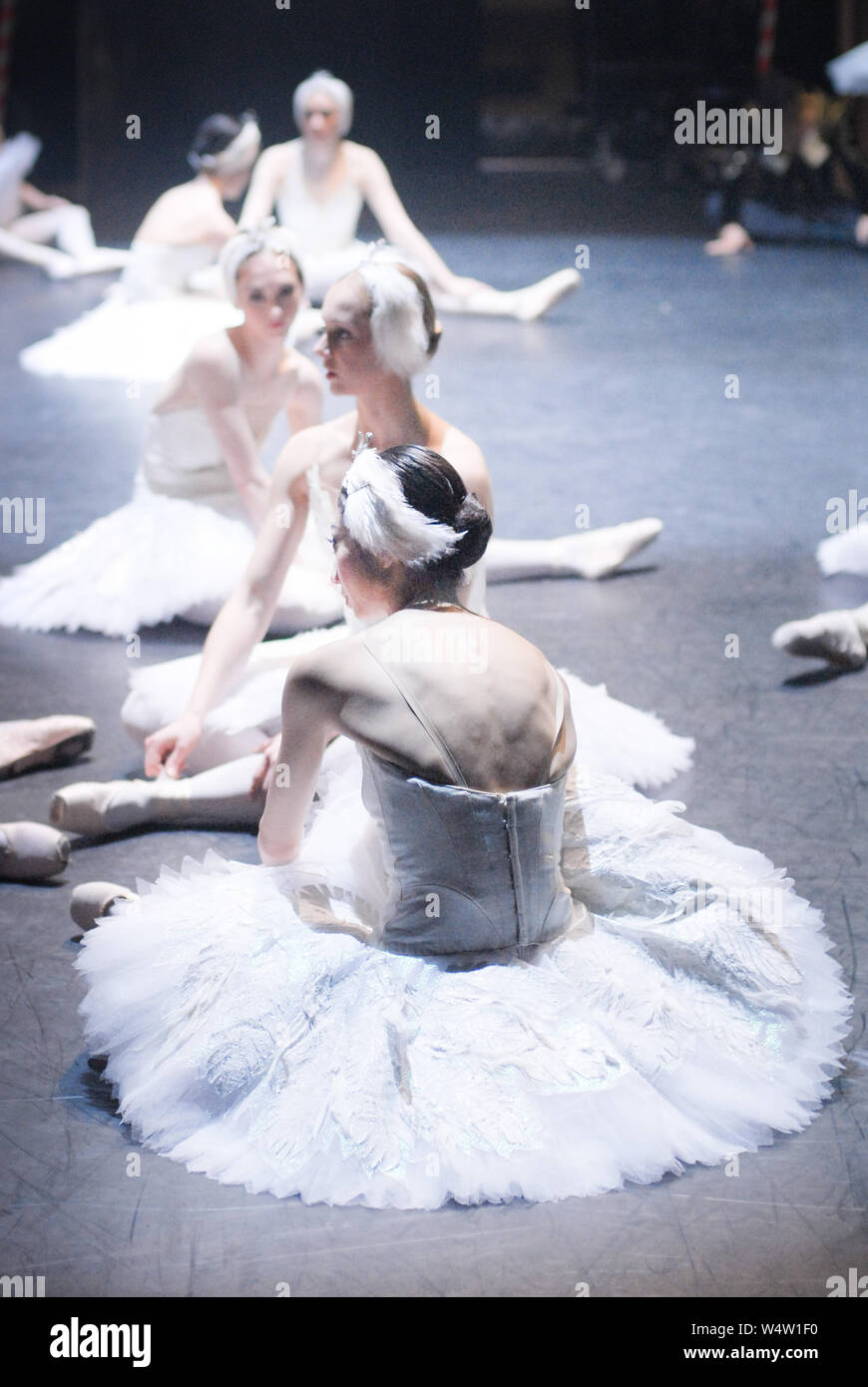 Corps de ballet dancers on stage in repose before a performance of Swan ...