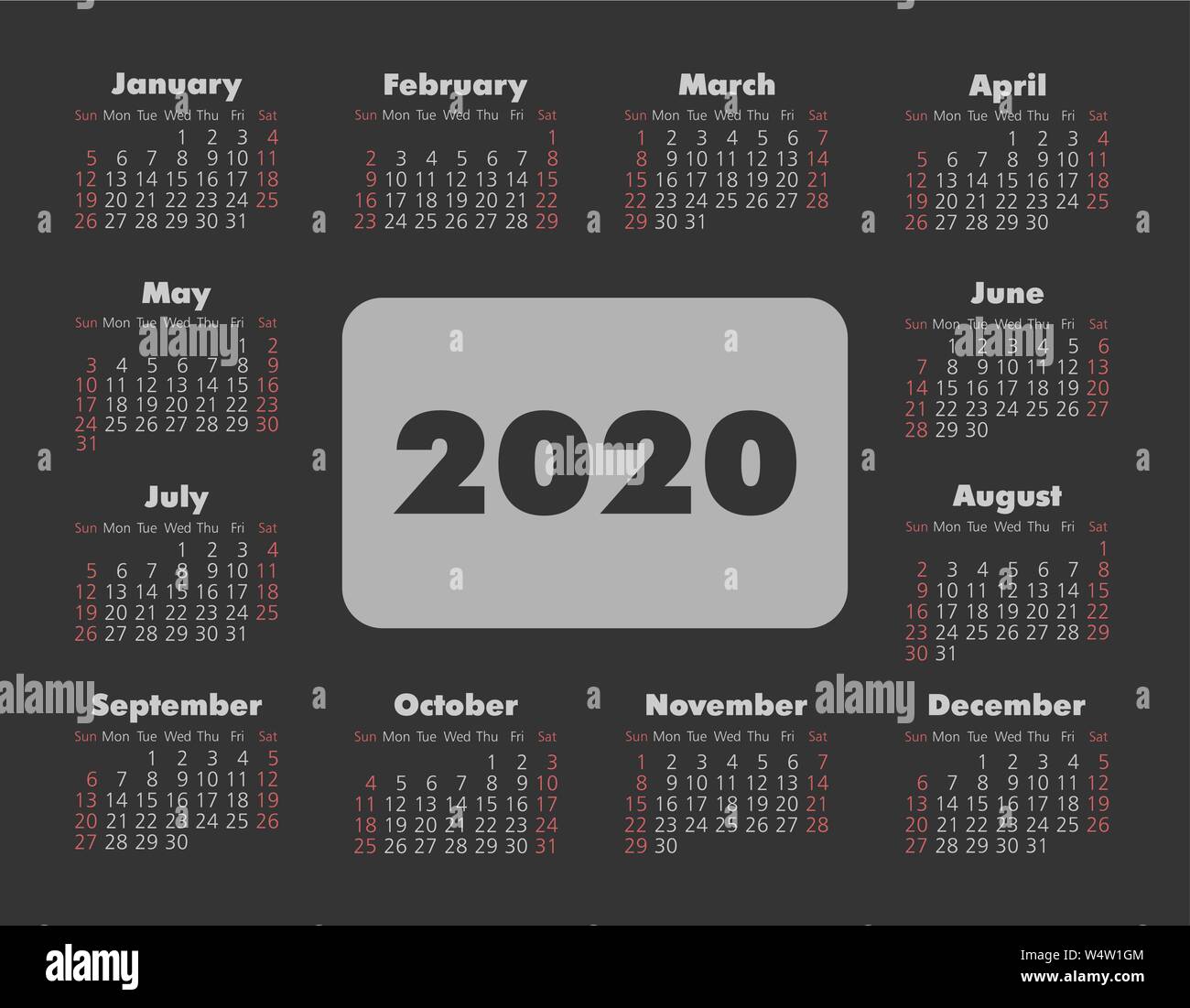 Calendar 2020 year. Black and white vector template. Week starts on ...