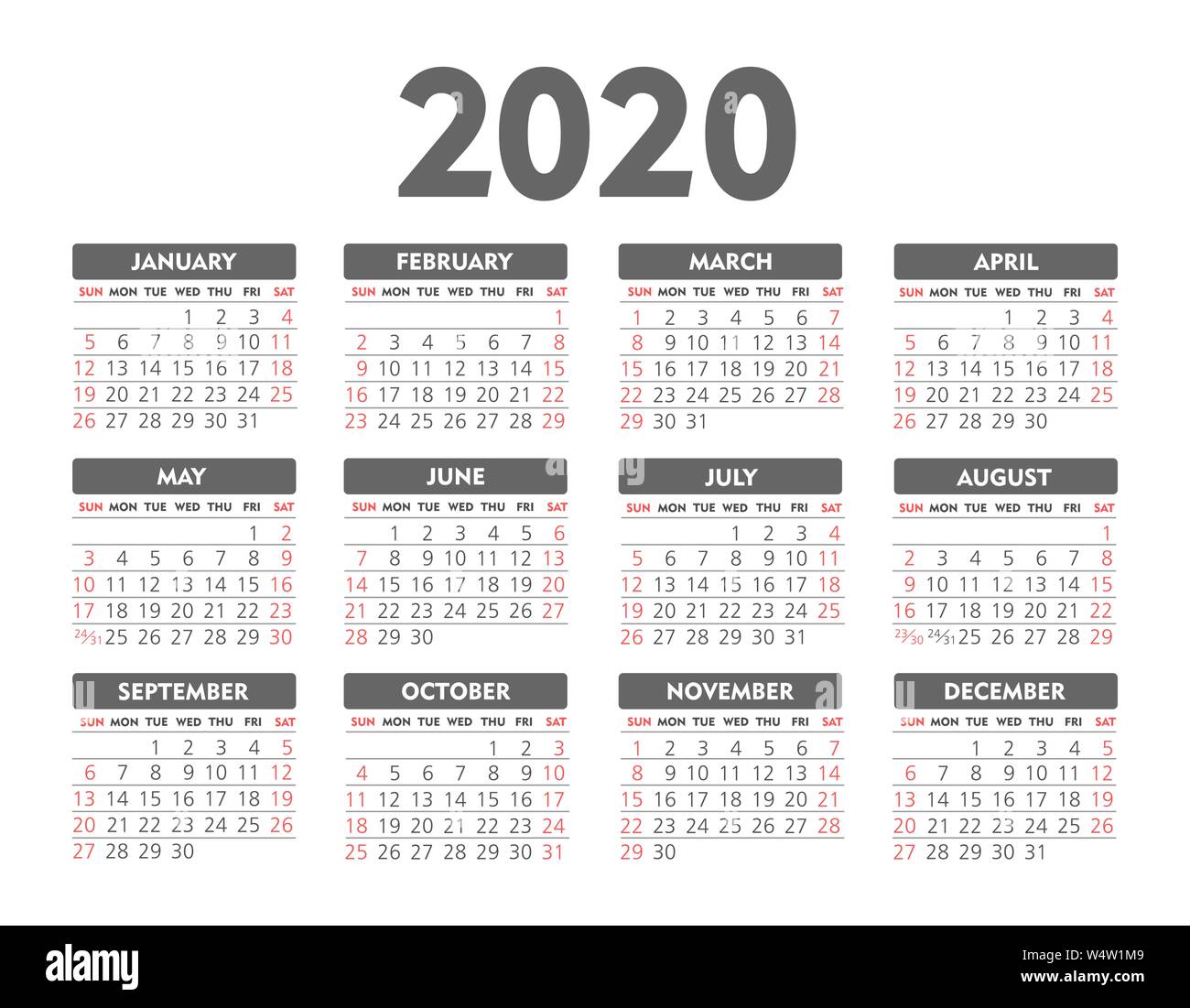 Calendar 2020 year. Black and white vector template. Week starts on ...