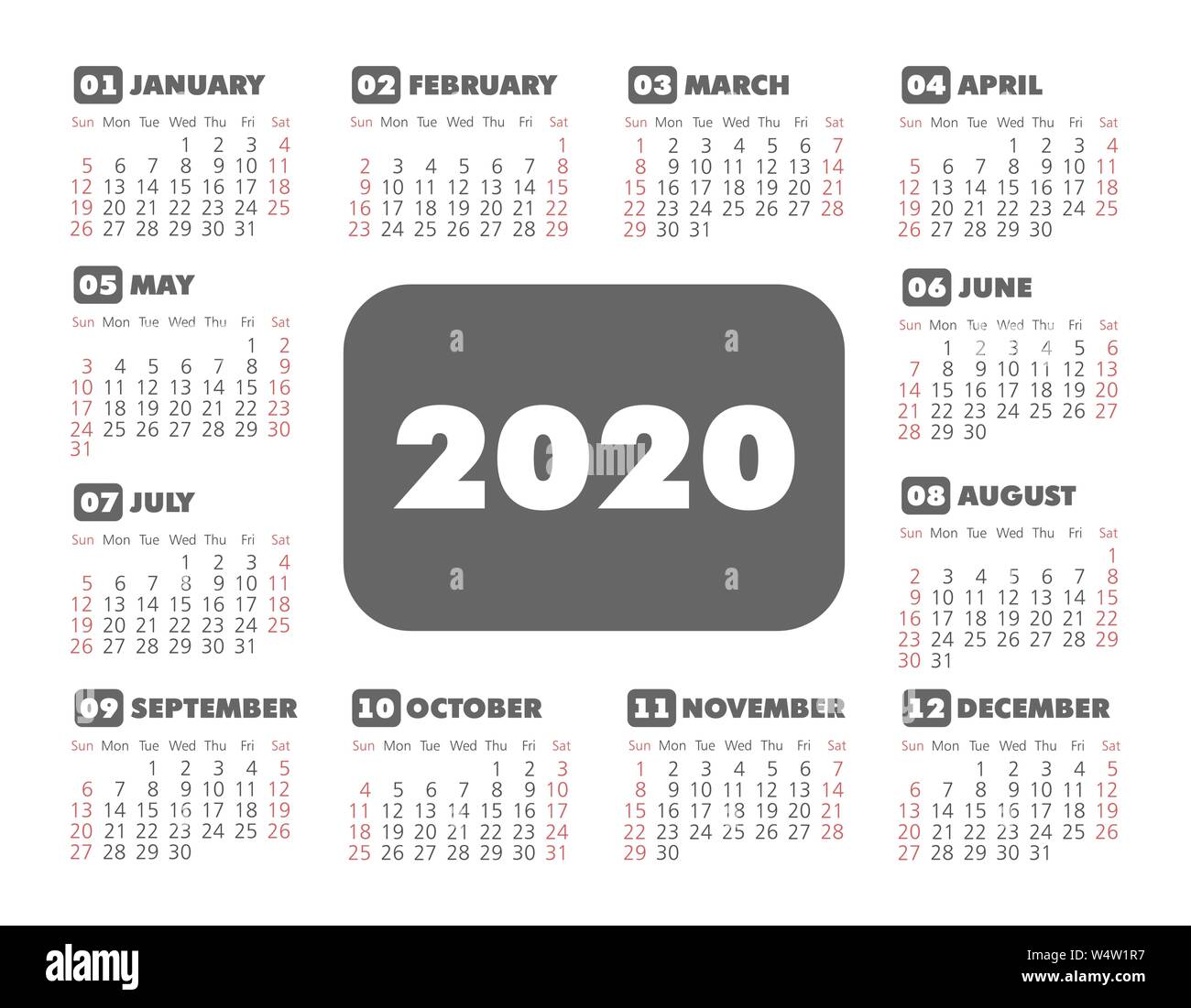 Calendar 2020 year. Black and white vector template. Week starts on ...