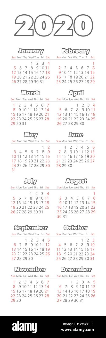 Calendar 2020 year. Black and white vector template. Week starts on ...
