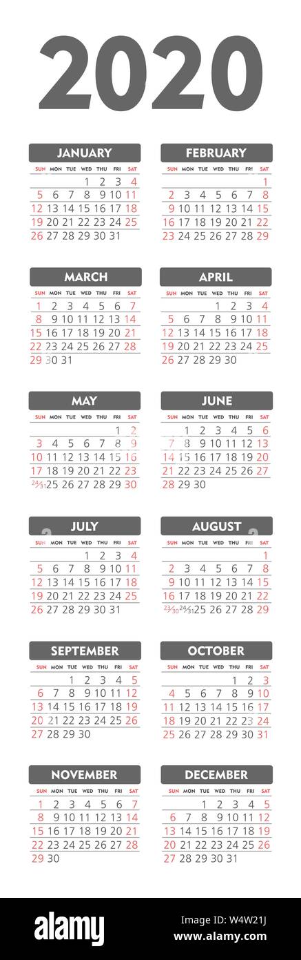 Calendar 2020 year. Black and white vector template. Week starts on ...