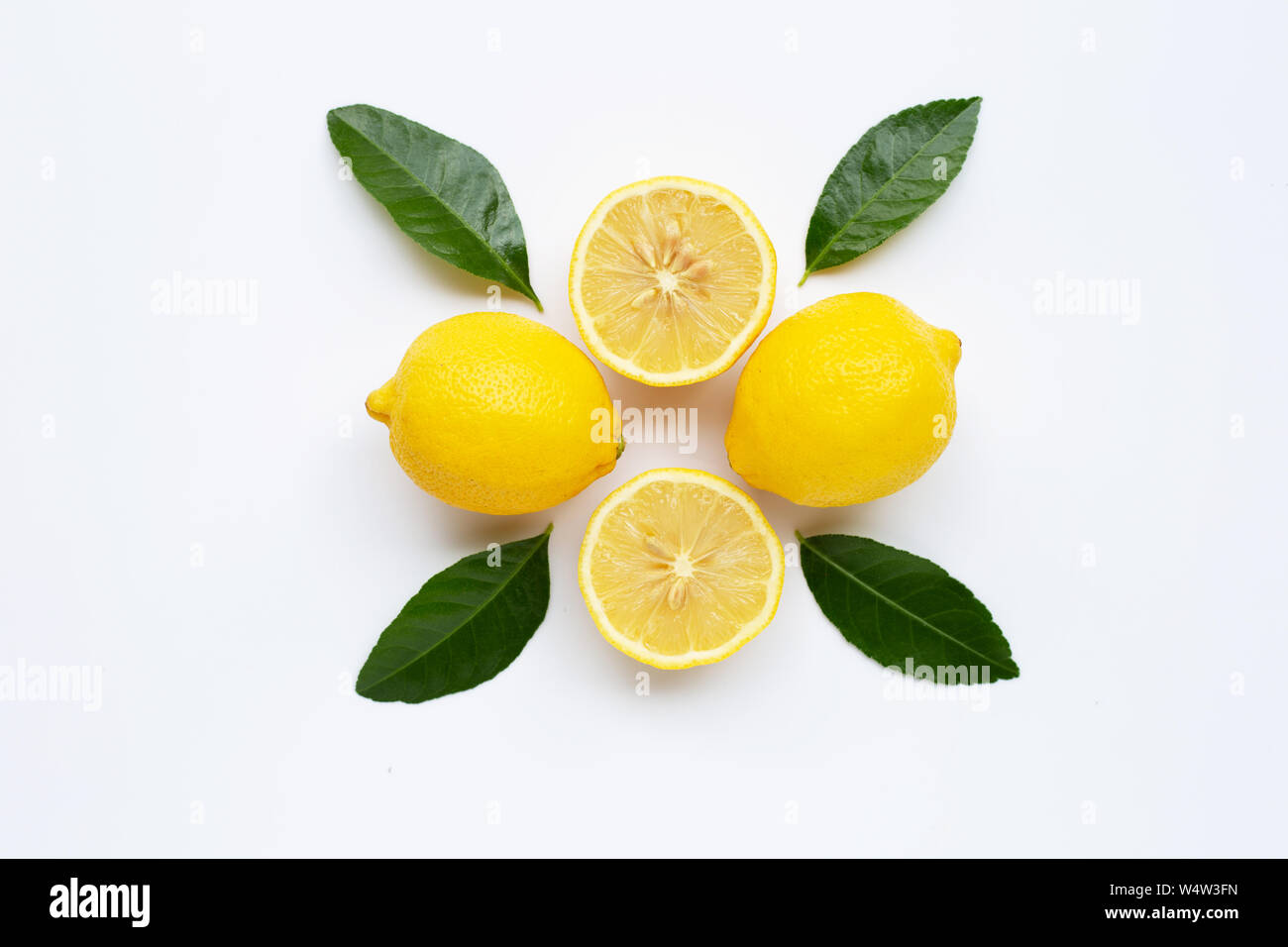 lemon and slices with leaves isolated on white background Stock Photo ...