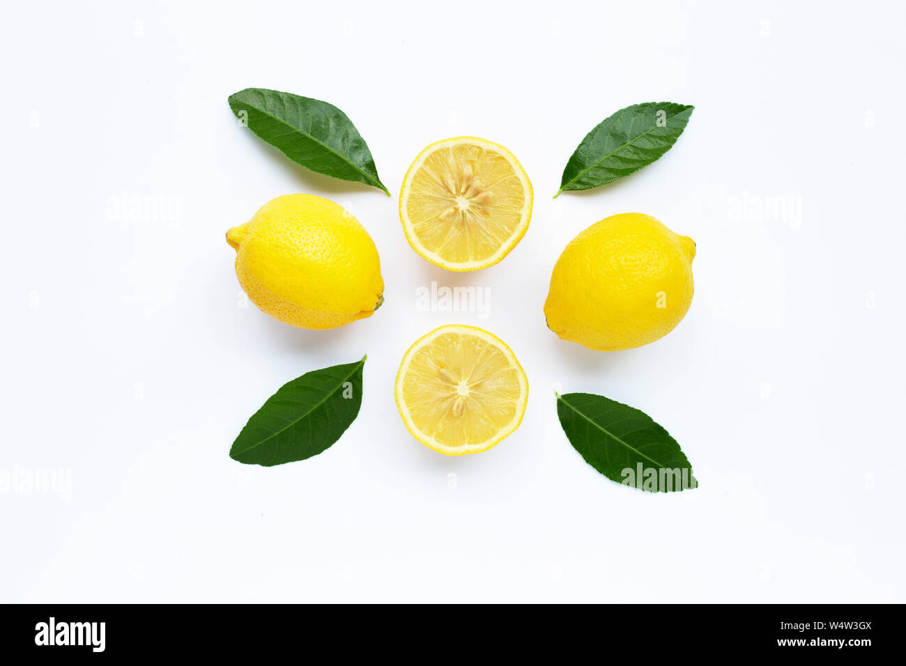 lemon and slices with leaves isolated on white background Stock Photo ...