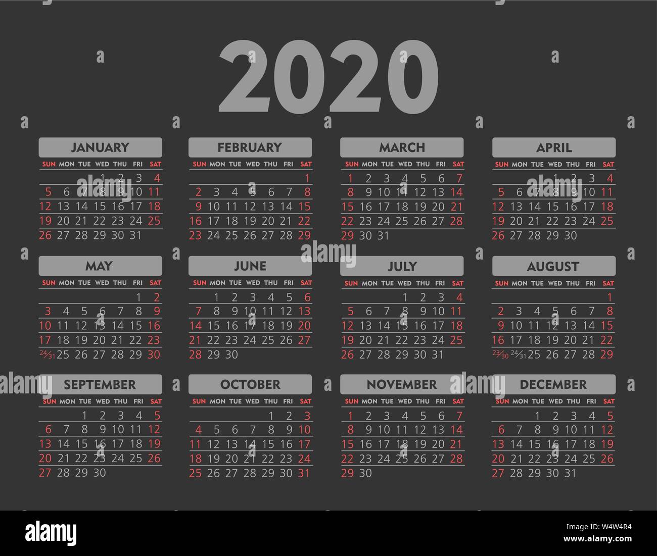 Calendar 2020 year. Black and white vector template. Week starts on ...