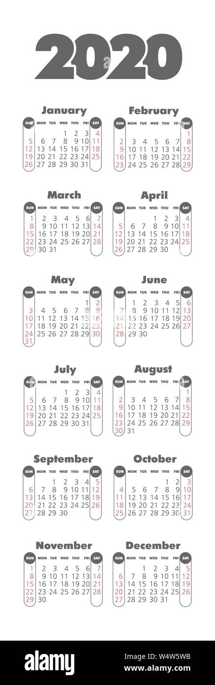 Calendar 2020 year. Black and white vector template. Week starts on ...