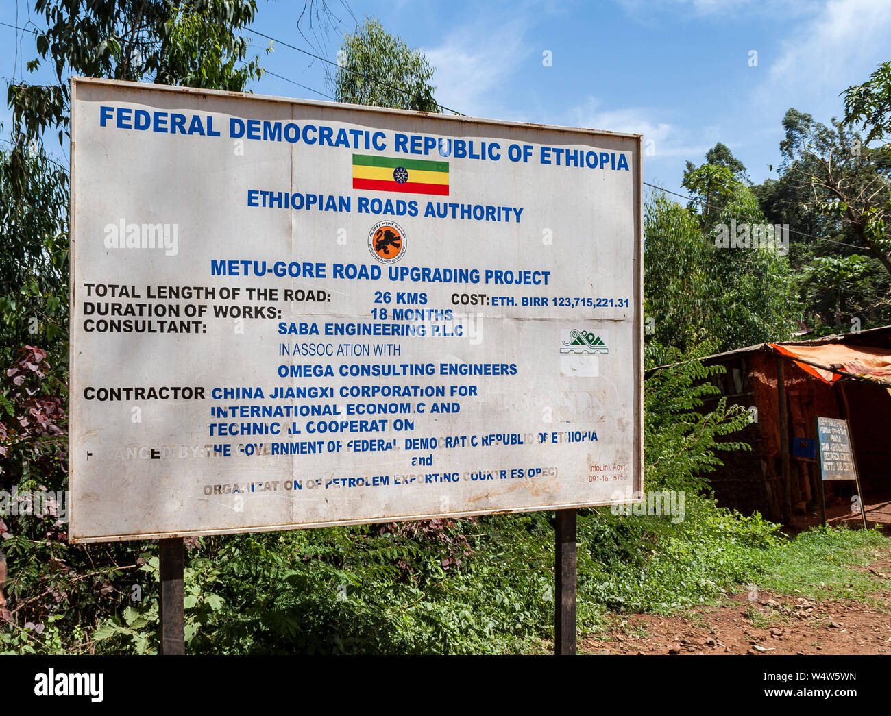 Information sign on road in Ethiopia detailing road infrastructure ...