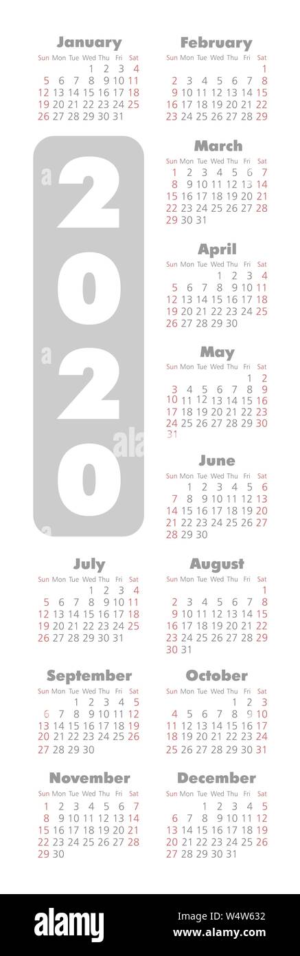 Calendar 2020 year. Black and white vector template. Week starts on ...