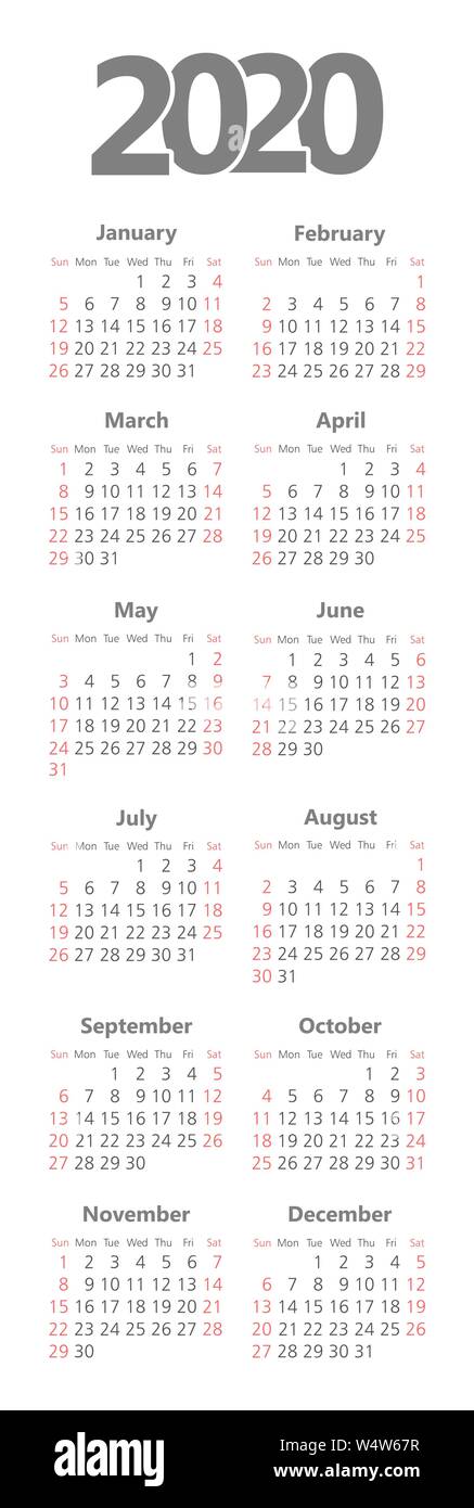 Calendar 2020 year. Black and white vector template. Week starts on ...