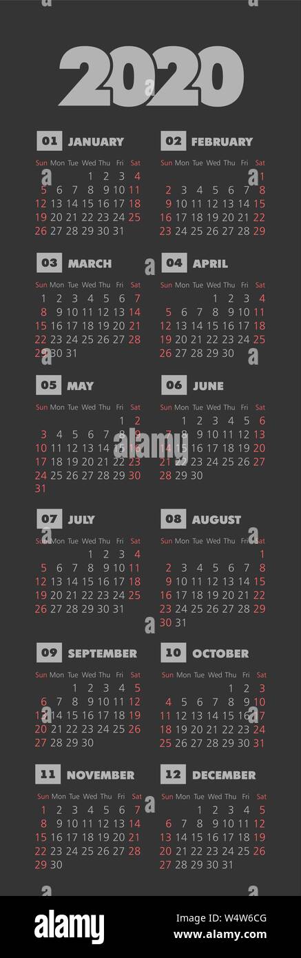 Calendar 2020 year. Black and white vector template. Week starts on ...
