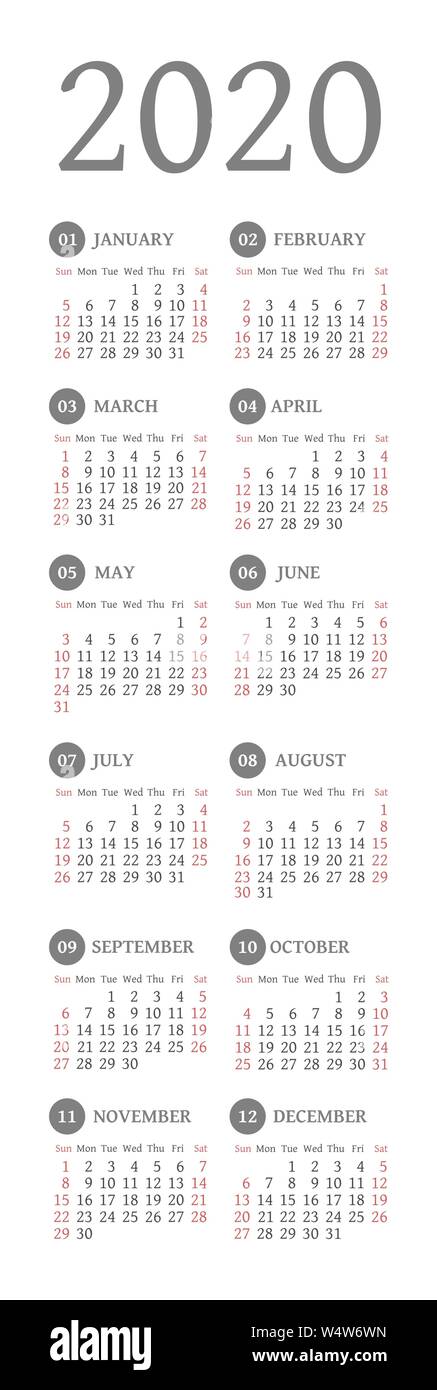 Calendar 2020 year. Black and white vector template. Week starts on ...
