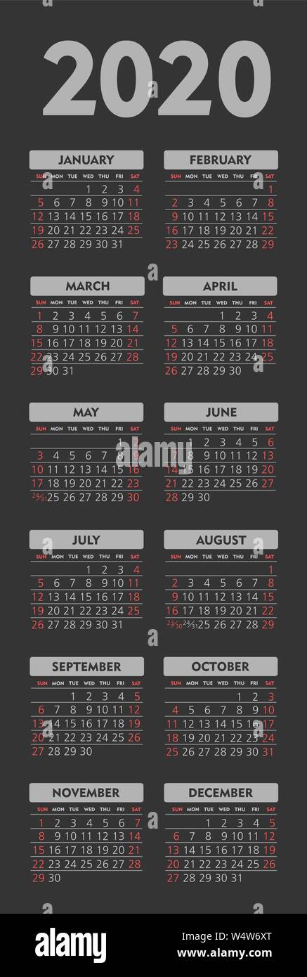 Calendar 2020 year. Black and white vector template. Week starts on ...