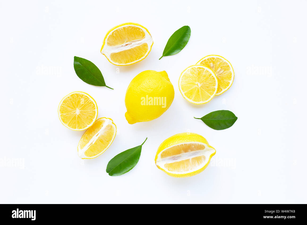 lemon and slices with leaves isolated on white background Stock Photo ...