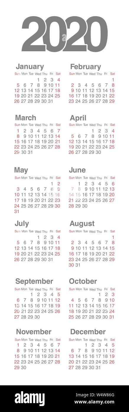 Calendar 2020 year. Black and white vector template. Week starts on ...