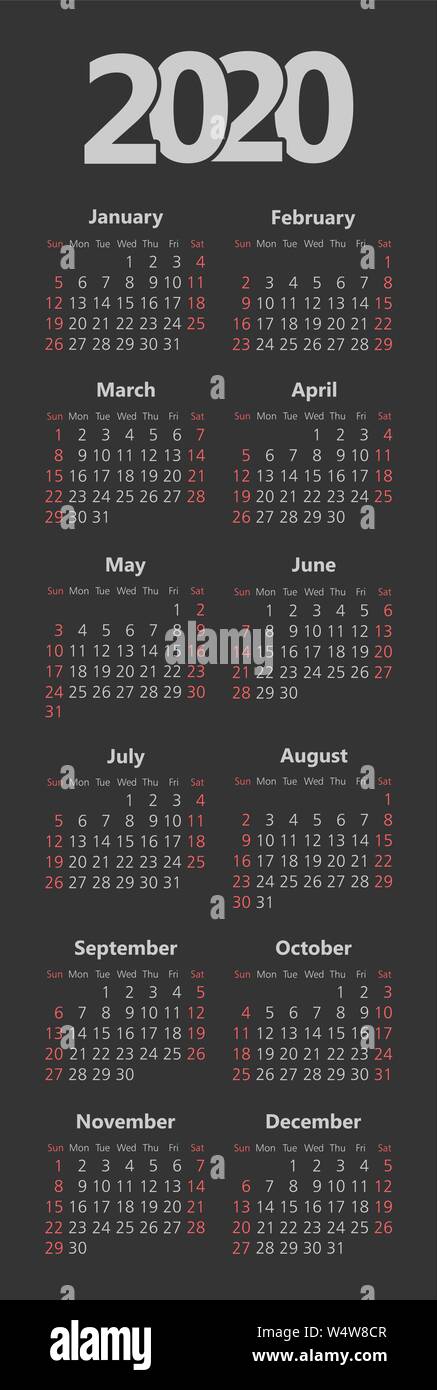 Calendar 2020 year. Black and white vector template. Week starts on ...