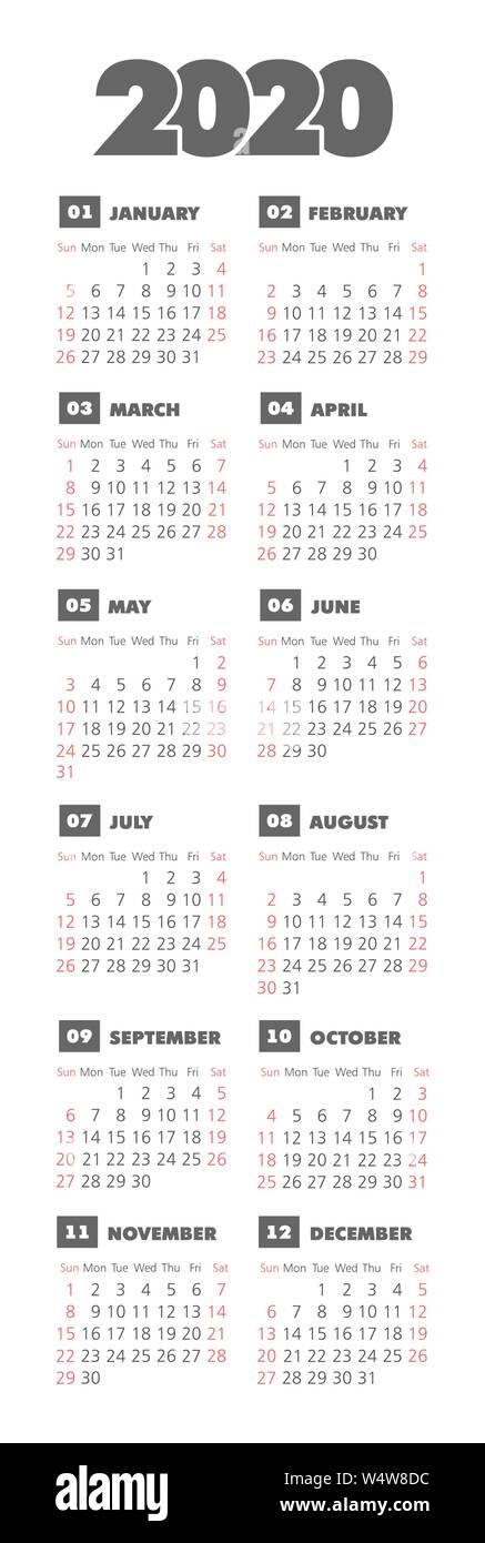 Calendar 2020 year. Black and white vector template. Week starts on ...