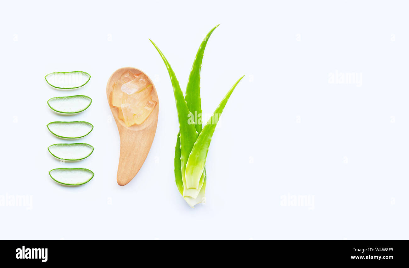 Cut Aloe Vera leaves with slices on white background. Copy space Stock ...