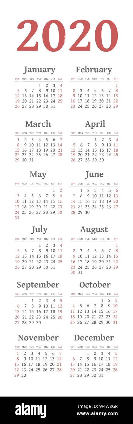 Calendar 2020 year. Black and white vector template. Week starts on ...