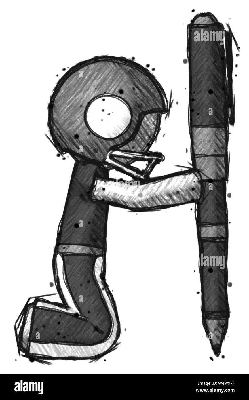 Sketch football player man posing with giant pen in powerful yet ...