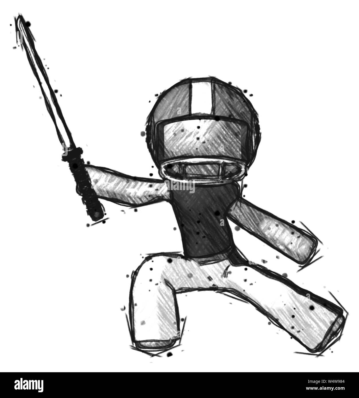 Sketch football player man with ninja sword katana in defense pose ...