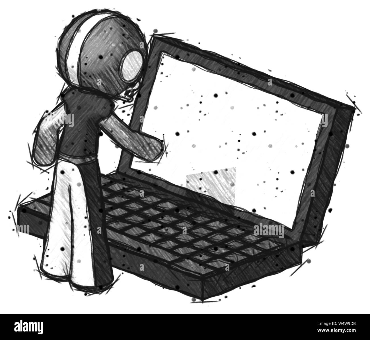 Sketch football player man using large laptop computer Stock Photo - Alamy