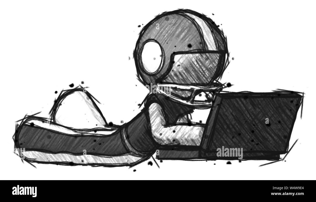 Sketch football player man using laptop computer while lying on floor ...