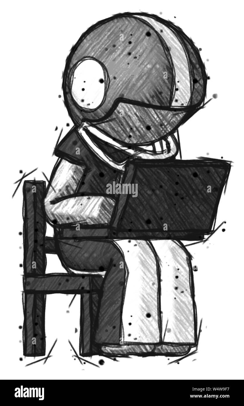 Sketch football player man using laptop computer while sitting in chair ...