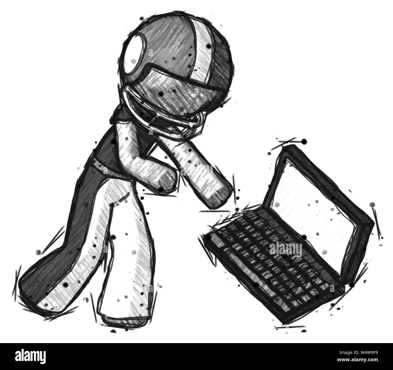 Sketch football player man throwing laptop computer in frustration ...