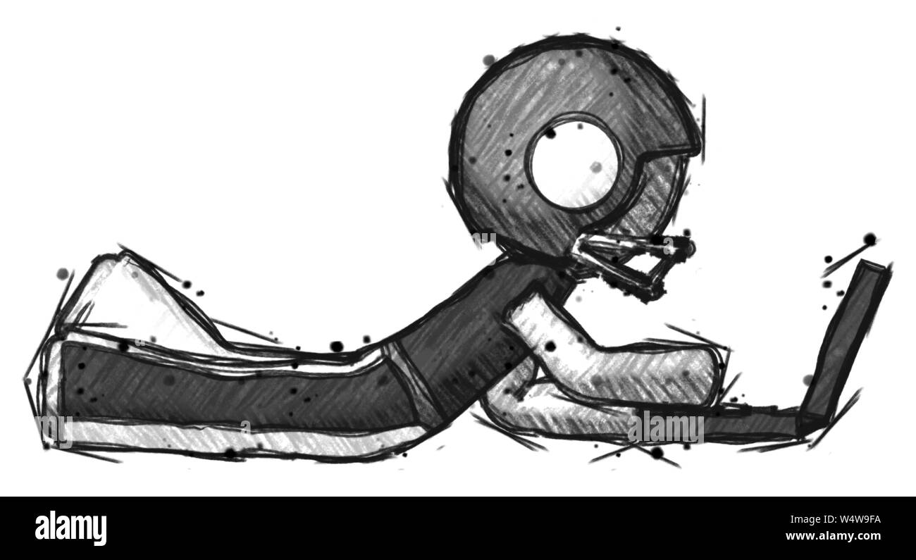 Sketch football player man using laptop computer while lying on floor ...