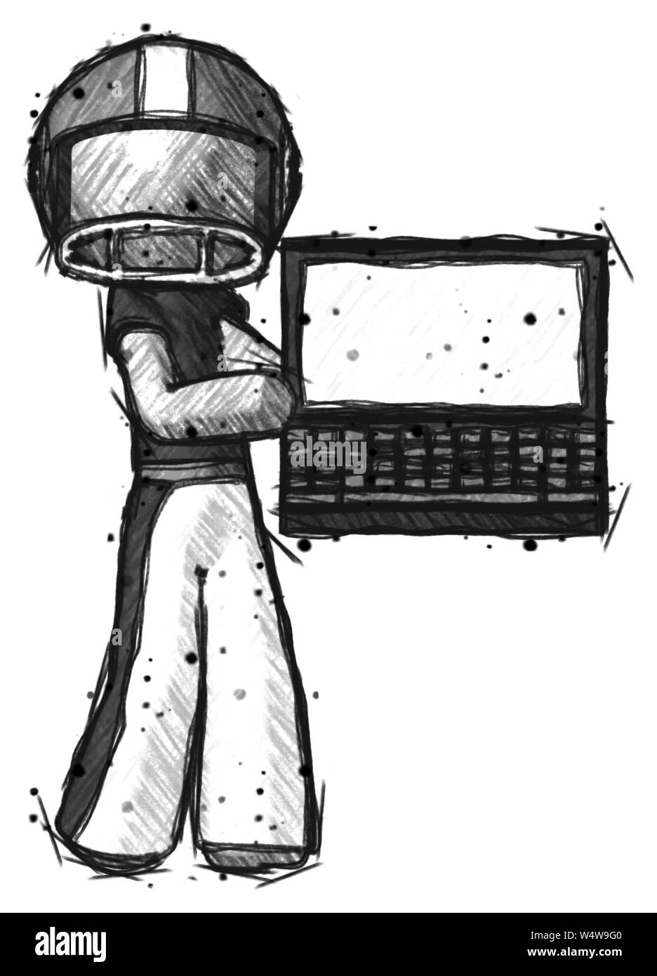 Sketch football player man holding laptop computer presenting something ...