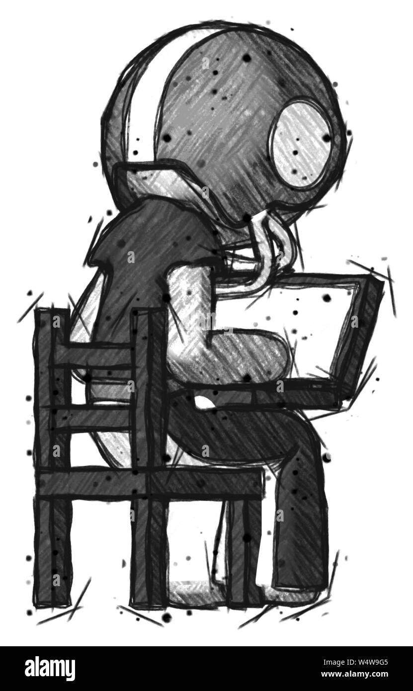 Sketch football player man using laptop computer while sitting in chair ...