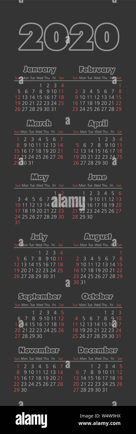 Calendar 2020 year. Black and white vector template. Week starts on ...