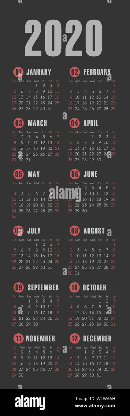 Calendar 2020 year. Black and white vector template. Week starts on ...