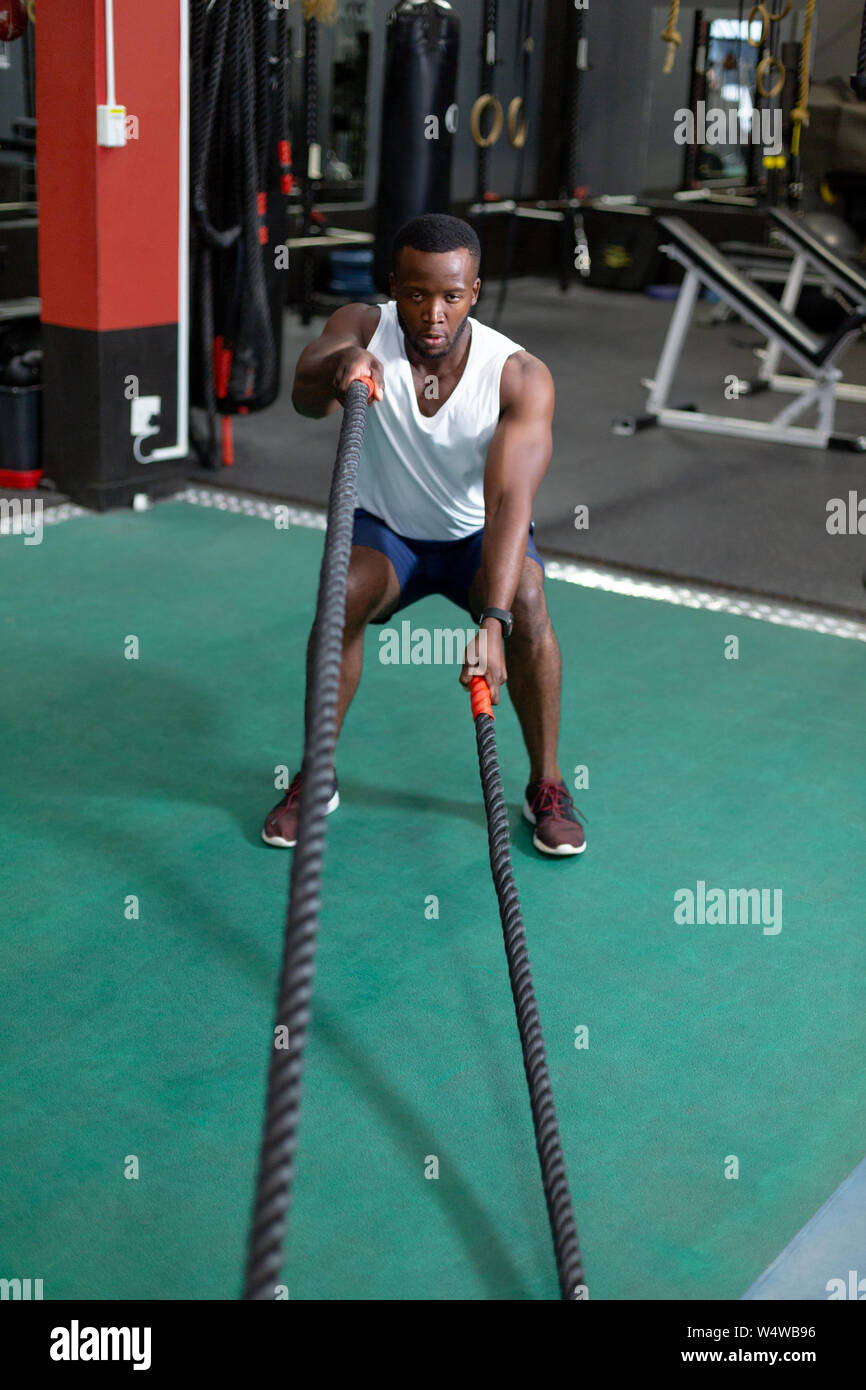 Male athletic exercising with battle ropes in fitness center Stock ...