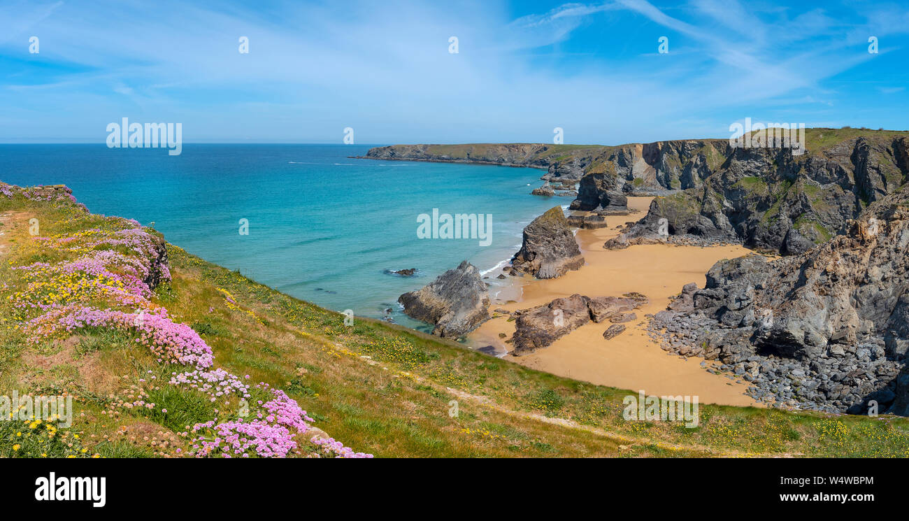 Stunning bedruthan steps on the north coast of cornwall . Rugged cliffs ...