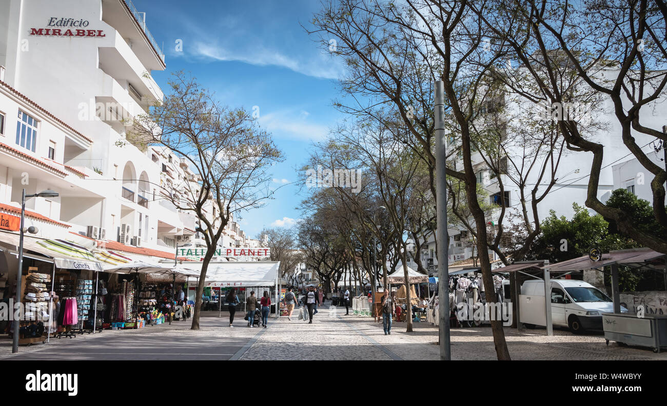Albufeira, Portugal - May 3, 2018: Street atmosphere and souvenir shop ...