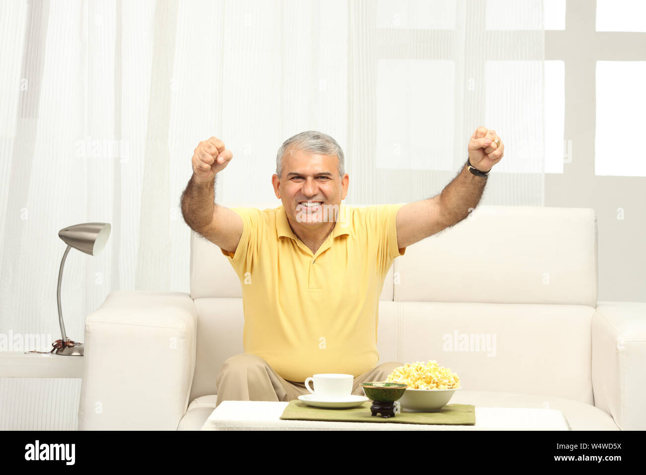 Old man watching television and cheering Stock Photo - Alamy
