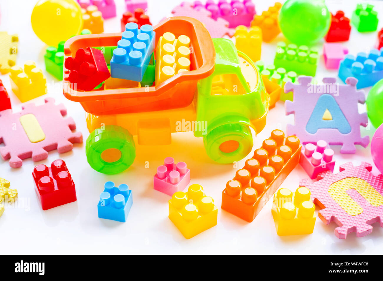Colorful Kids toys on white background Stock Photo - Alamy