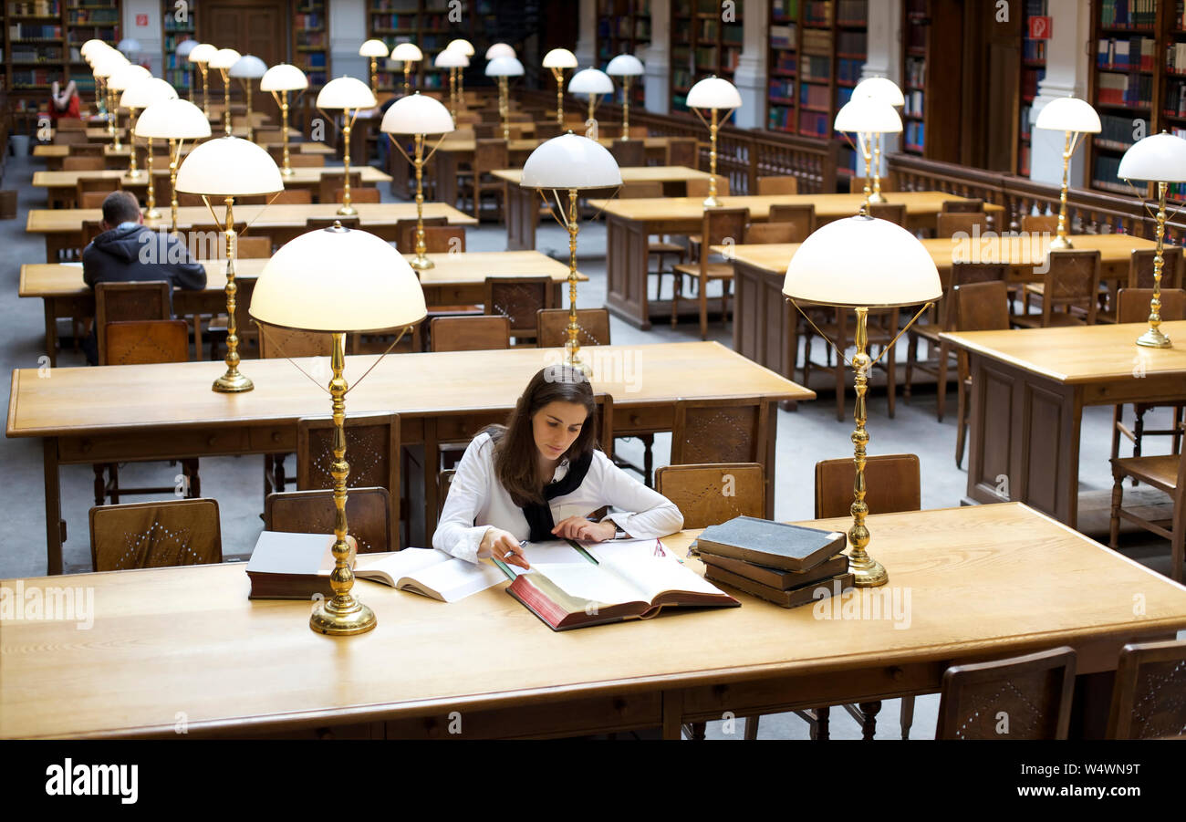 Beautiful student studying in library Stock Photo - Alamy