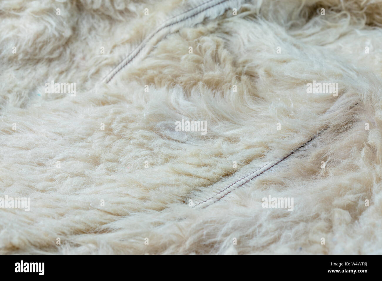 Old white sheep fur lining closeup background with selective focus and ...